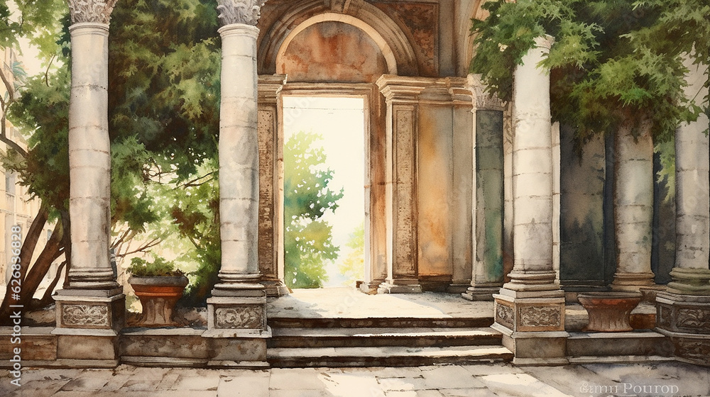 watercolor sketch italian portico painting italian pencil drawing image ...