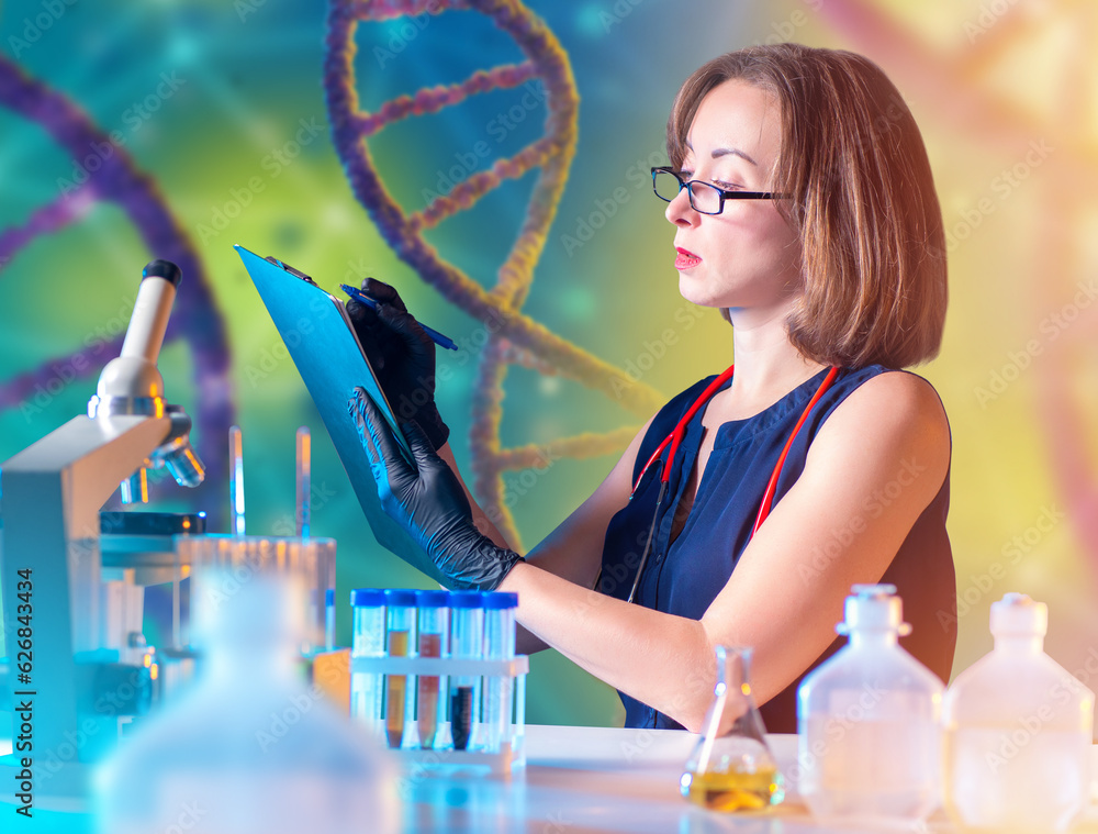Foto Woman researcher. Geneticist in laboratory. Girl with clipboard ...
