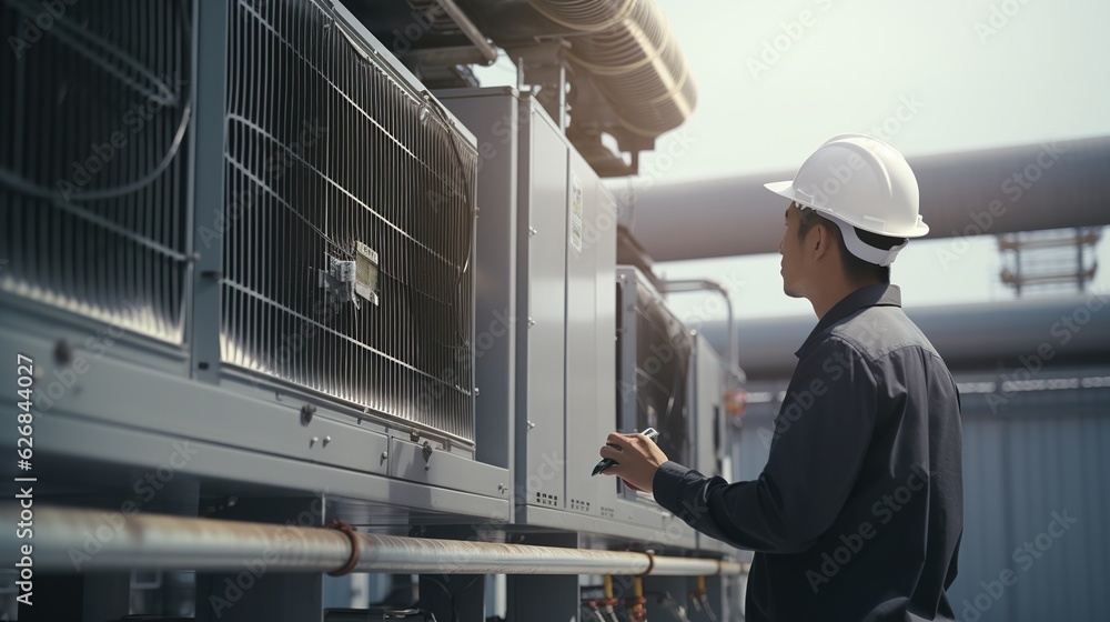 Engineer under checking the industry cooling tower air conditioner is ...