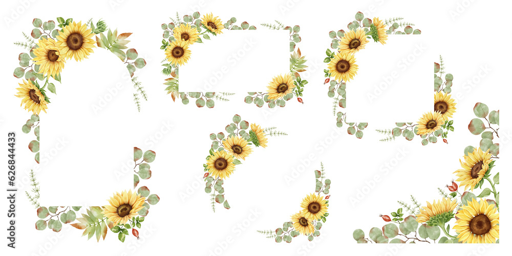 Watercolor hand painted sunflower frames and wreaths set. Yellow ...