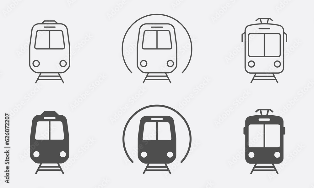 Train, Tram, Metro Station Line and Silhouette Icon Set. Railway Public ...