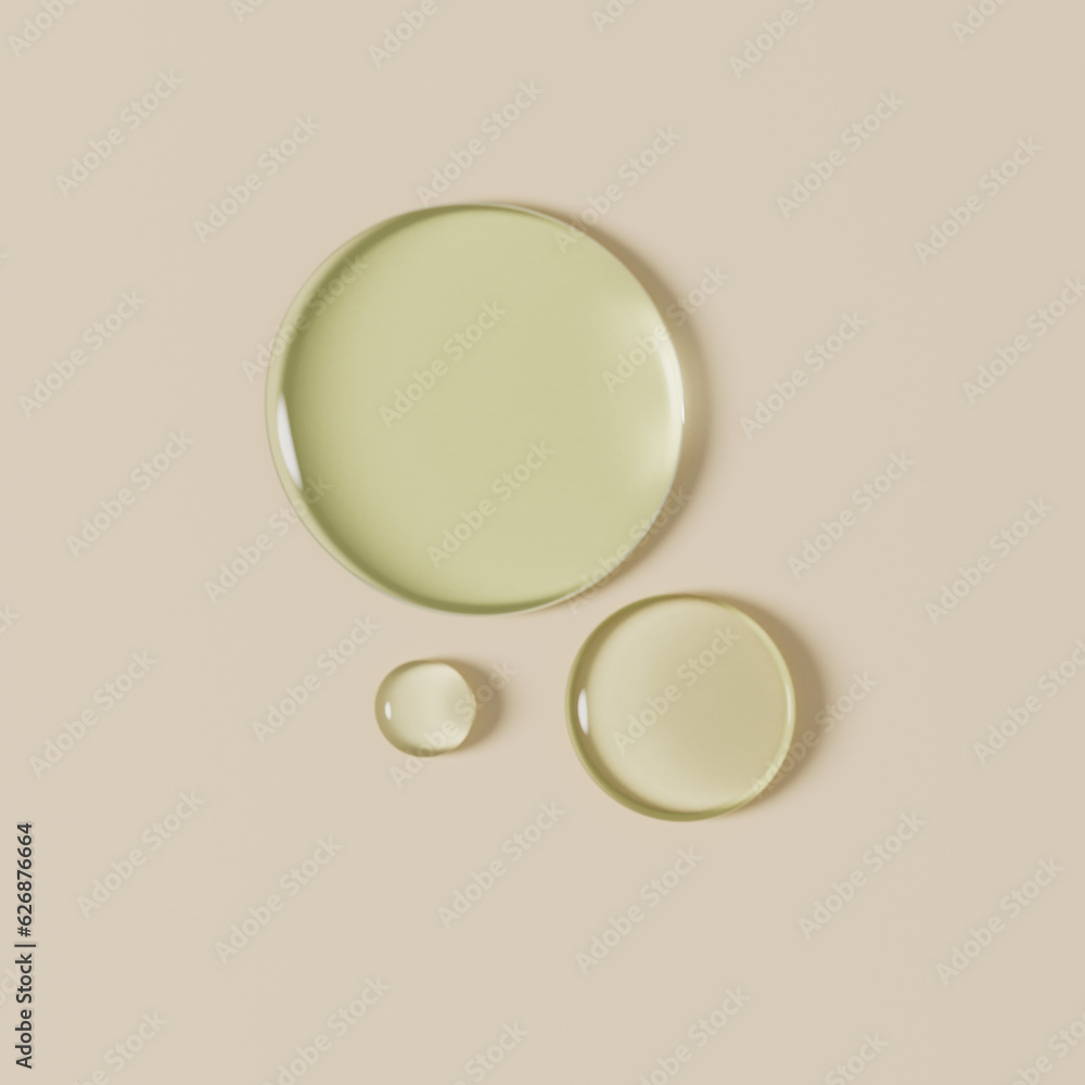 Liquid cosmetic product round drops. Serum test, moisturizer swatches ...