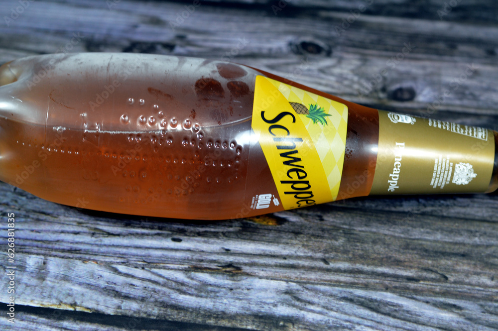 Giza, Egypt, July 21 2023: Schweppes Gold soft drink contains pineapple ...