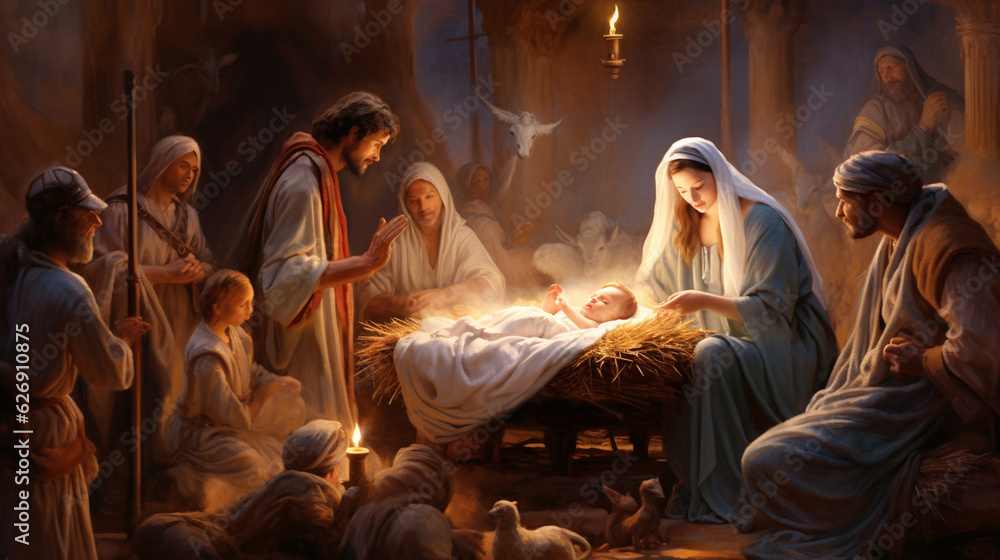 A captivating portrayal of the Nativity scene, with baby Jesus lying in ...