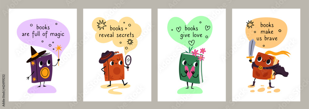 Books characters cards. Cartoon literature mascots with motivating text ...