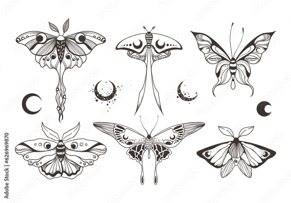 Mystical celestial moth and butterfly clipart bundle, magic black and ...