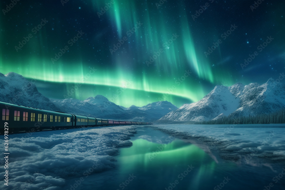 Polar Express Journey Through Snowy Landscape With Green Glowing ...