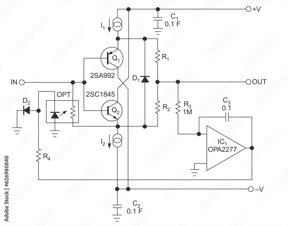 Vector drawing electrical circuit with capacitor, operational amplifier ...