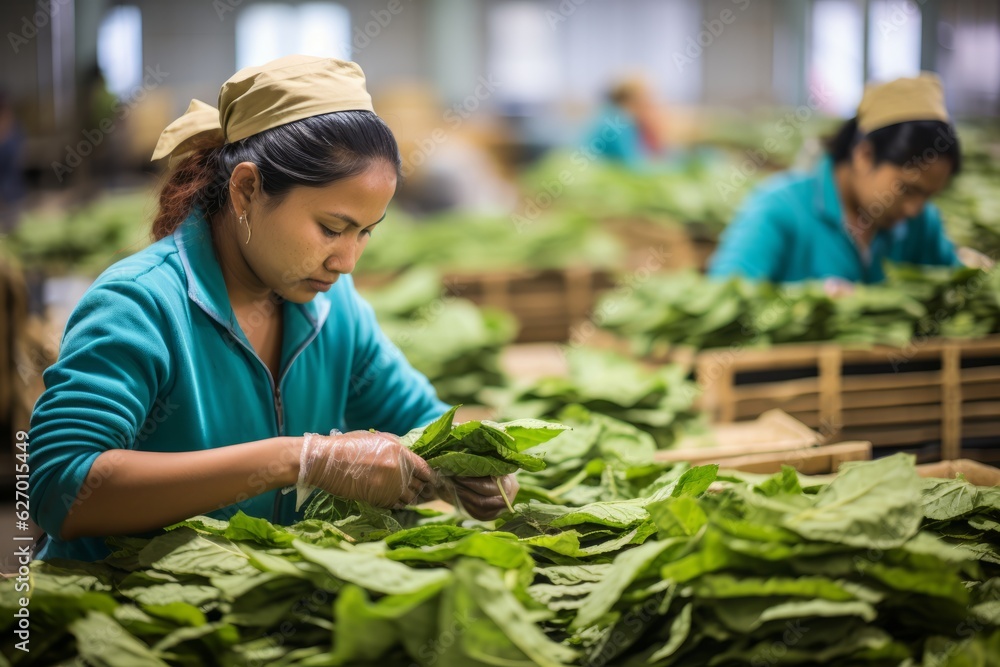 Workers handling raw tobacco leaves during the initial stages of ...
