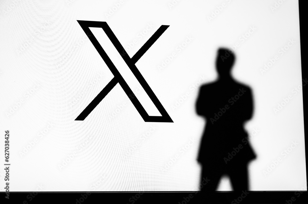 New logo of Twitter. Silhouette of Elon Musk businessman leading world ...