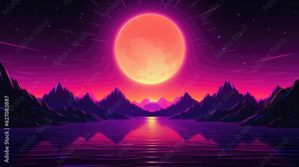 Ilustración de Stock Orange and purple sun animation. VHS video game ...