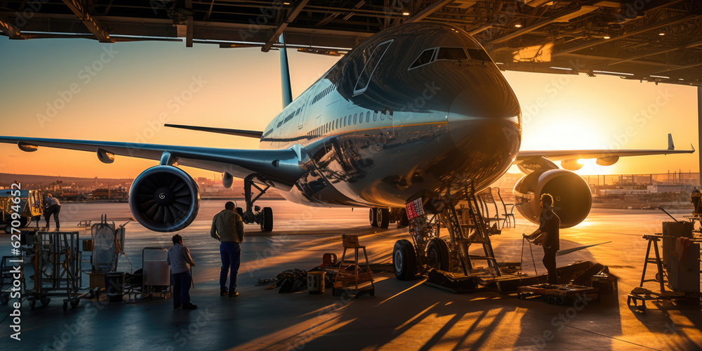 Early Flight Glimpse. Aviation Hangar's Observation Deck with Sunrise ...