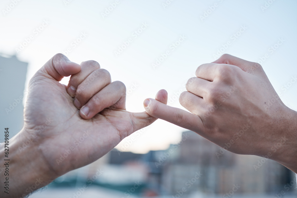 Hands, pinky finger and promise, trust and support for solidarity ...