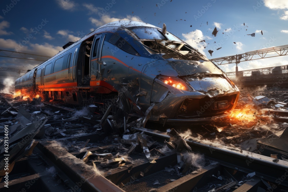 Accident of a high-speed train collided at the railroad Stock ...