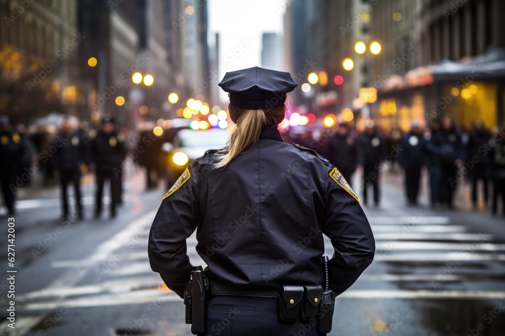 Female police officer seen from behind in busy American city street, US ...