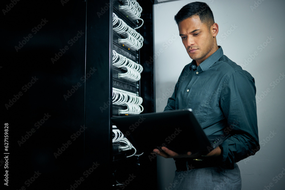 IT engineer man, laptop and server for inspection, thinking or ...