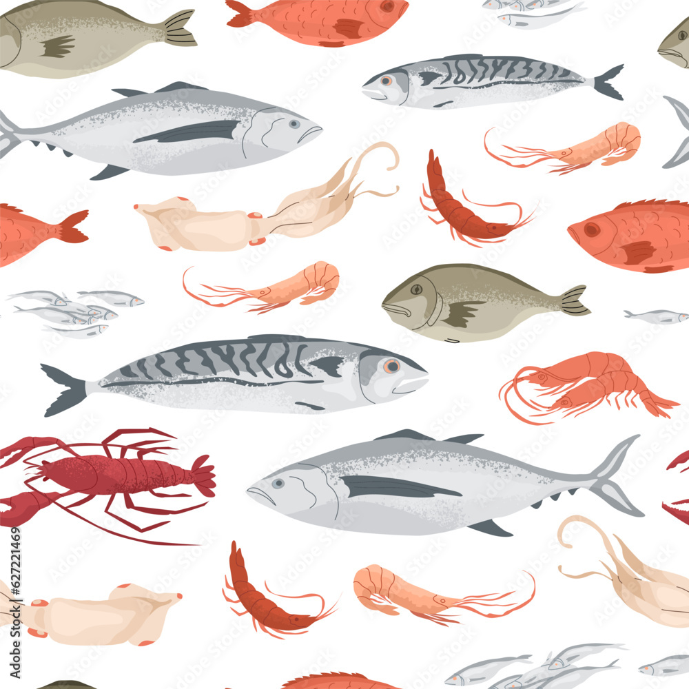 Seamless pattern with seafood products. Fresh fish, lobster and shrimps ...