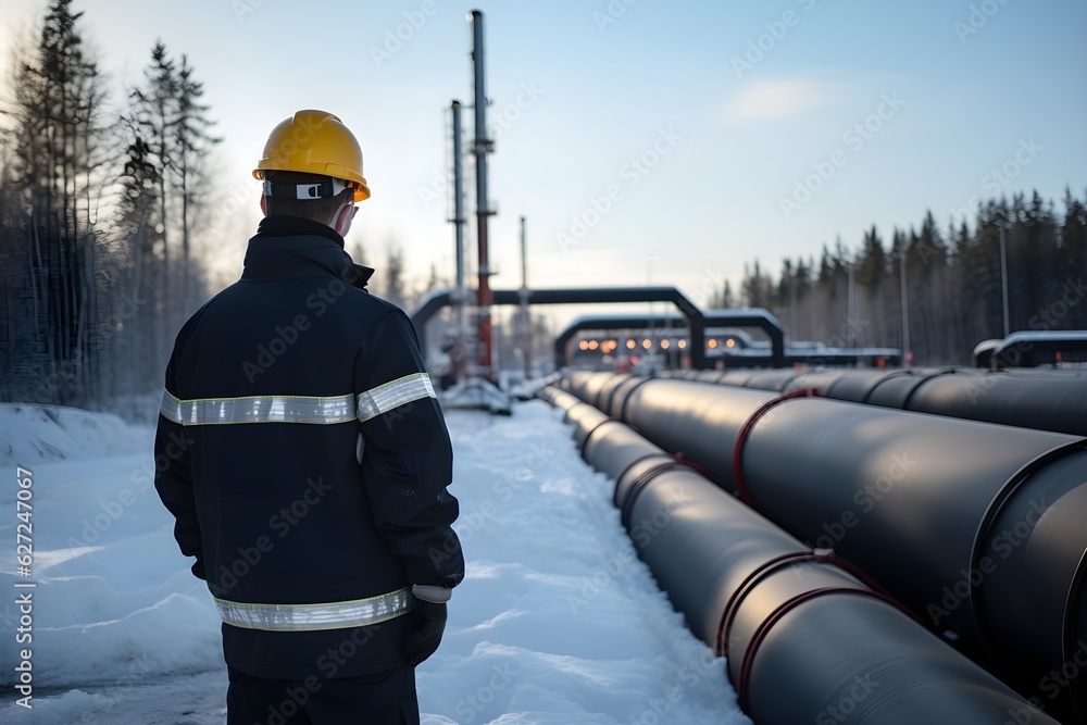 a worker inspecting a hydrogen pipeline at an industrial site ...