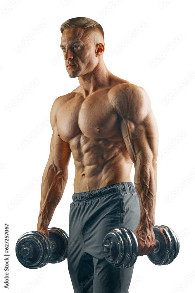 Muscular bodybuilder guy with dumbbell isolated on white background ...