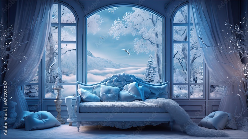 Fairy tale castle, princesses room with window and winter landscape ...
