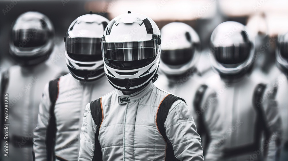 Professional pit crew ready for action as their team's race car arrives ...