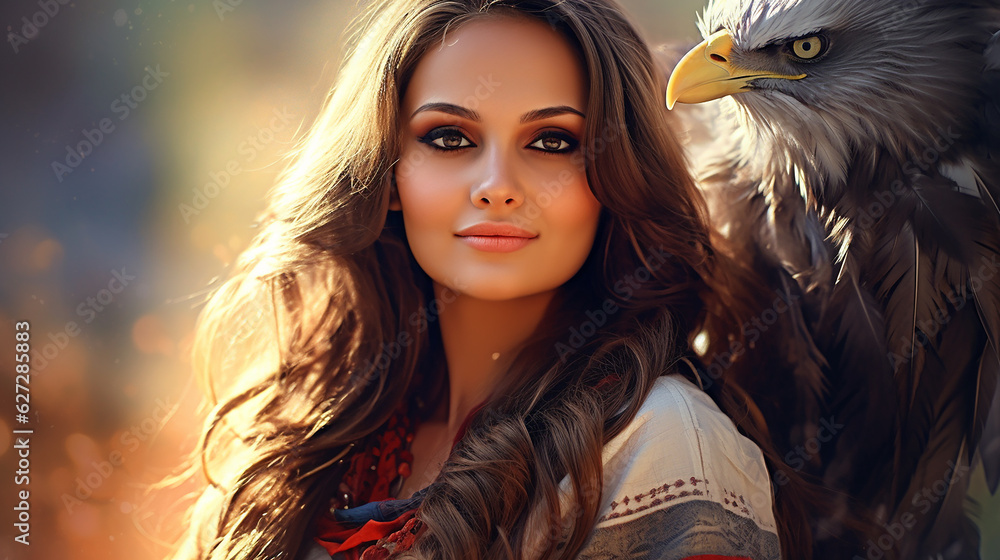 Uma sábia xamã e sua águia espiritual. conceito de fantasia Stock ...