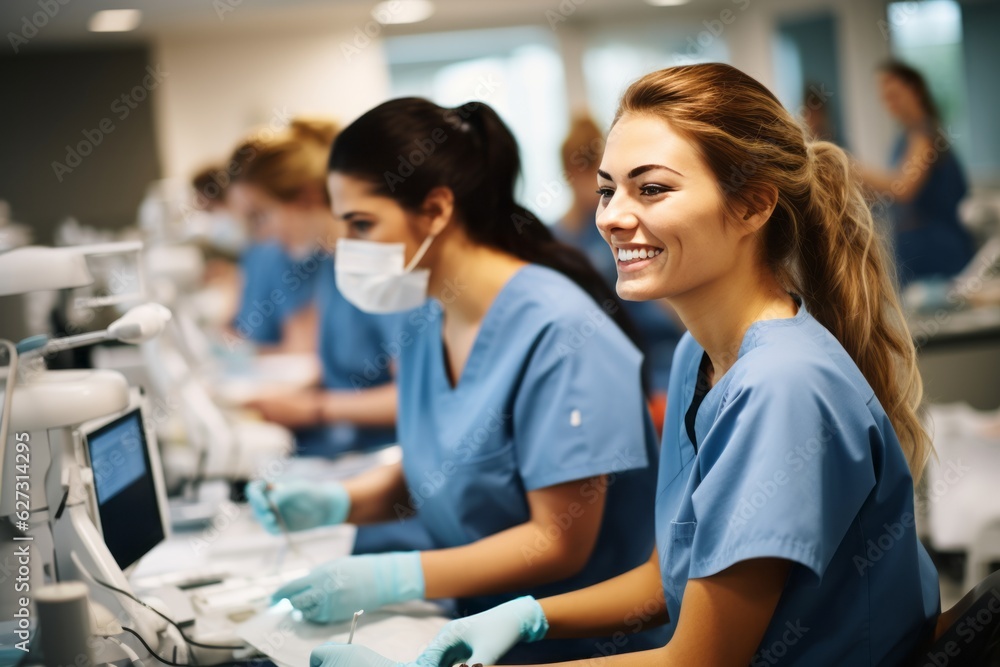 Candid shot of a group of student nurses immersed in training at ...
