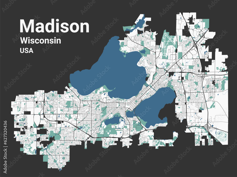Madison map, capital city of the USA state of Wisconsin. Municipal ...