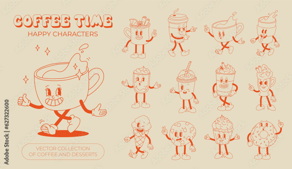 Collection cute cartoon characters of coffee takeaway and pastries ...