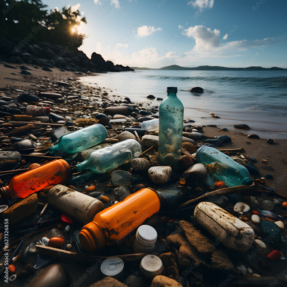 Plastic bottles plastic pollution on a beach waterfront recycling waste ...