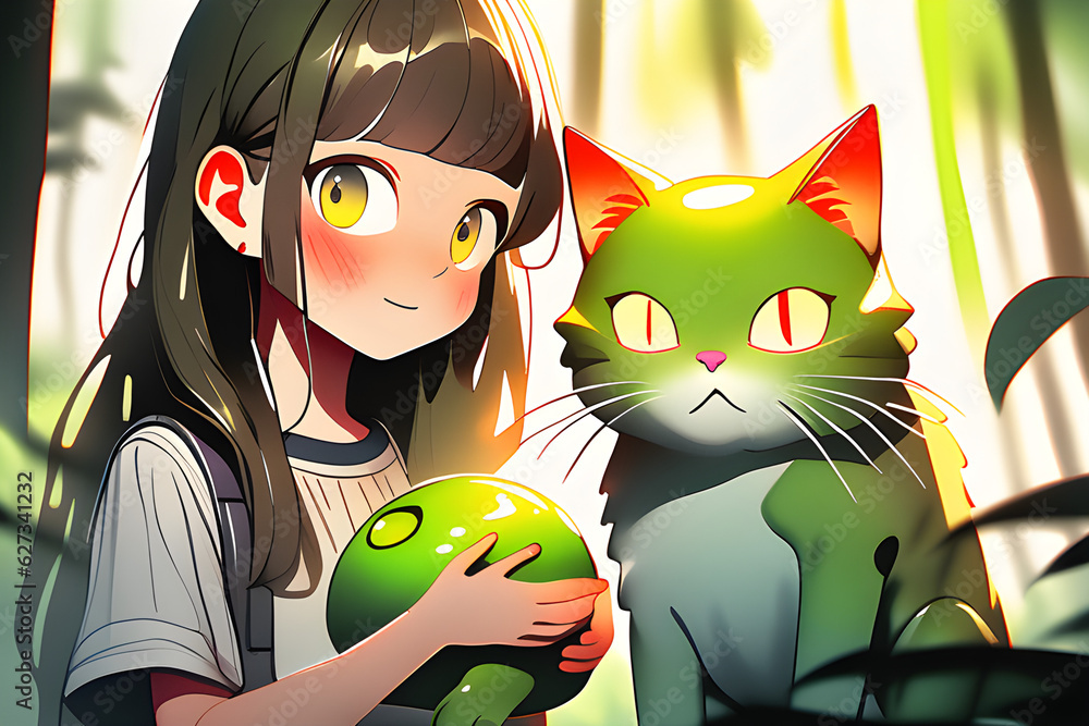 girl with chibi slime cat, blob, watercolor wash, lineart wash, nature ...
