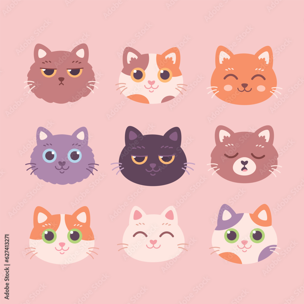Collection of Cat faces. Cat characters with different emotions and ...