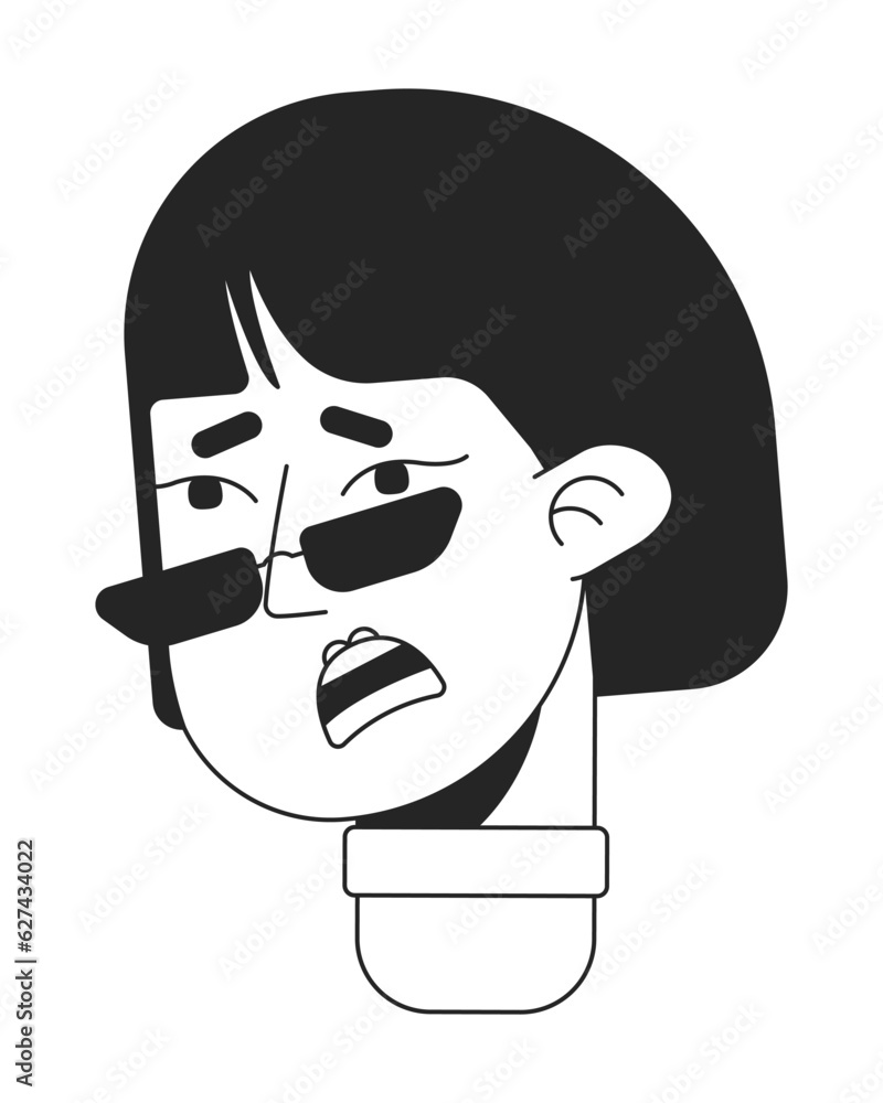 Scared asian woman in sunglasses monochrome flat linear character head ...