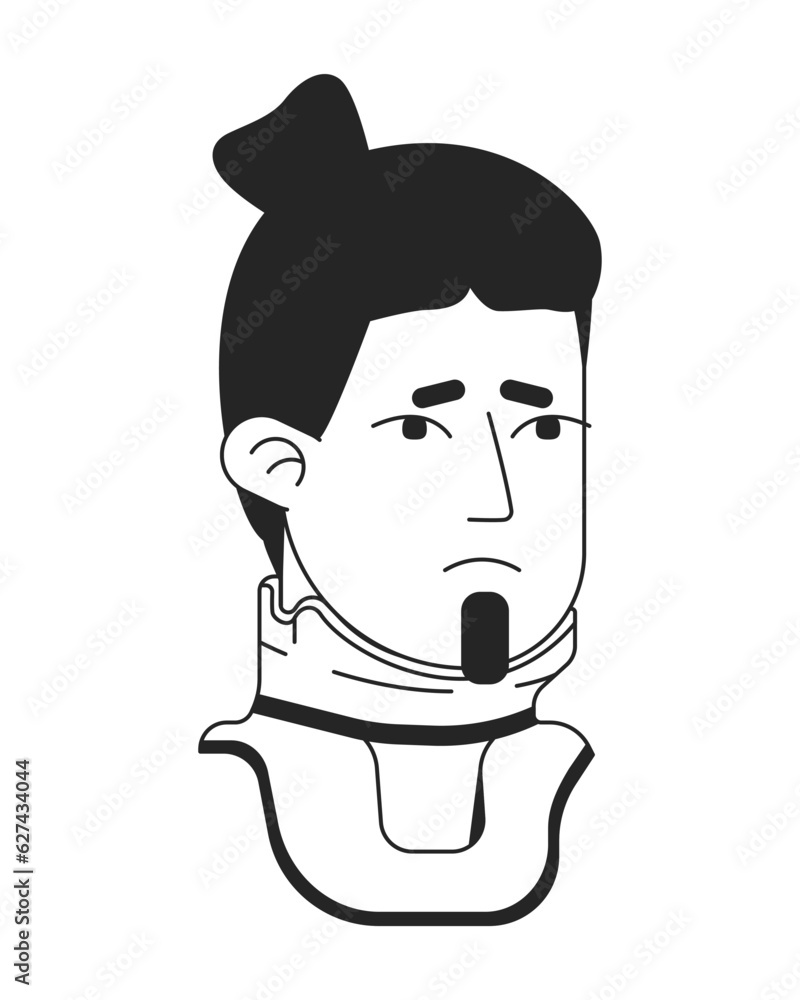 Sad asian man in neck bandage monochrome flat linear character head ...