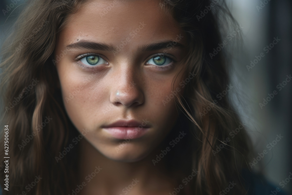 A teenage girl looks away from the camera with a sad expression on her ...