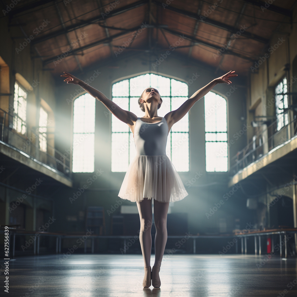 Graceful woman executing a ballet-inspired pose in an industrial style ...