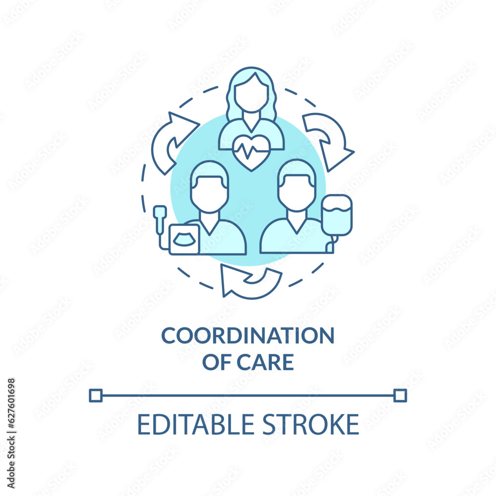 Coordination of care turquoise concept icon. Healthcare professional. Information sharing ...