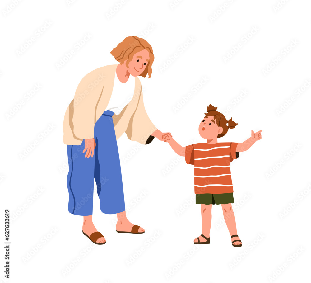 Mother listening to girl kid, telling, pointing with finger, asking for ...