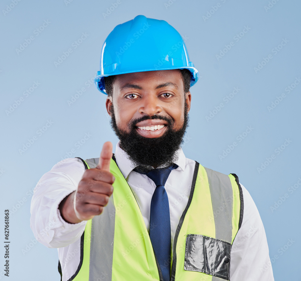 Portrait, engineering and black man with thumbs up for success, thank ...