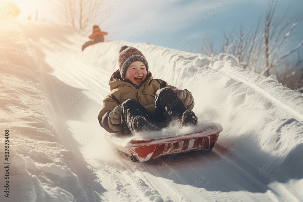 Boy riding snow slide. Generate Ai Stock Photo | Adobe Stock