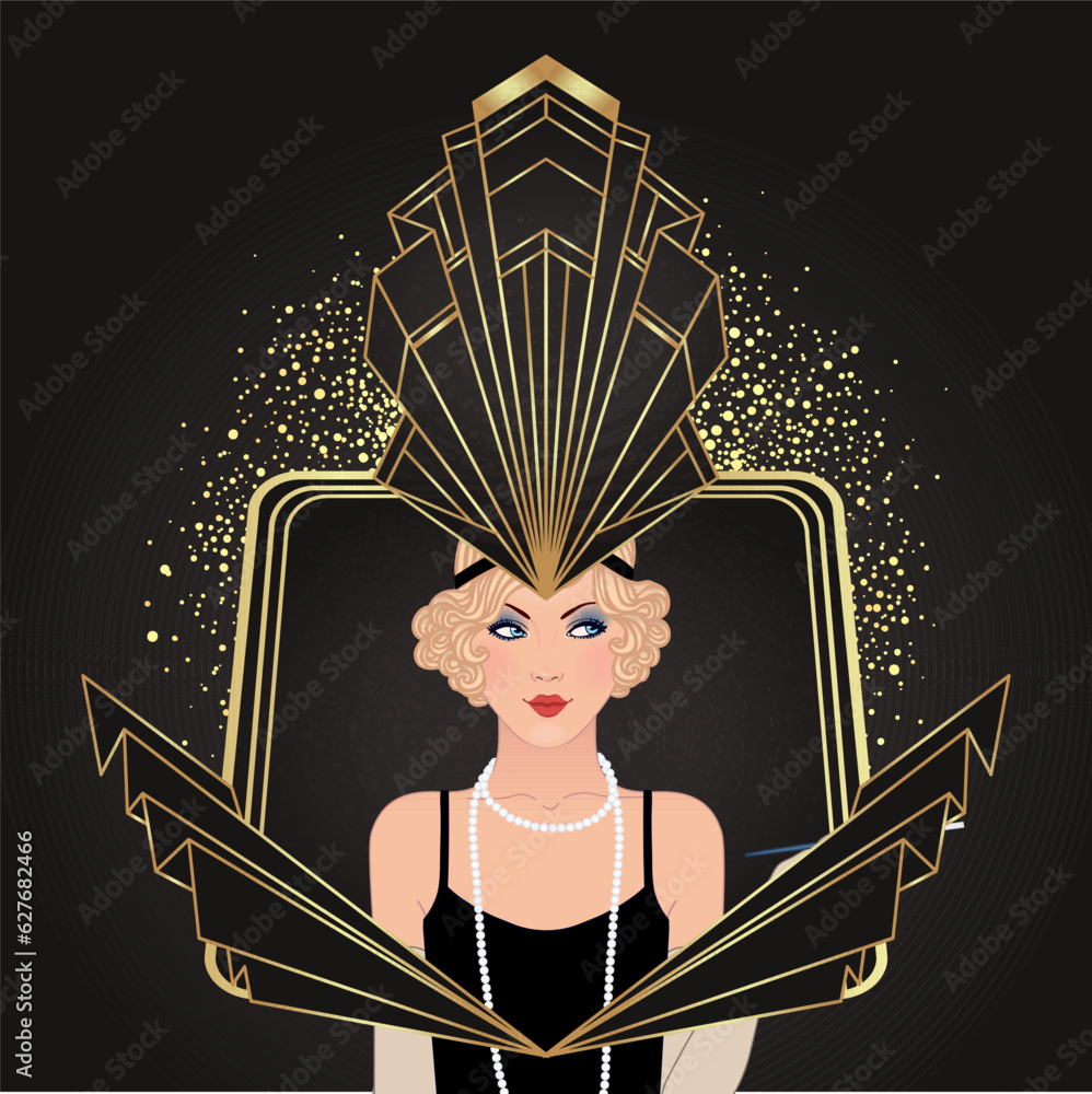 Flapper girl. Art deco (1920's style) vintage invitation template ...