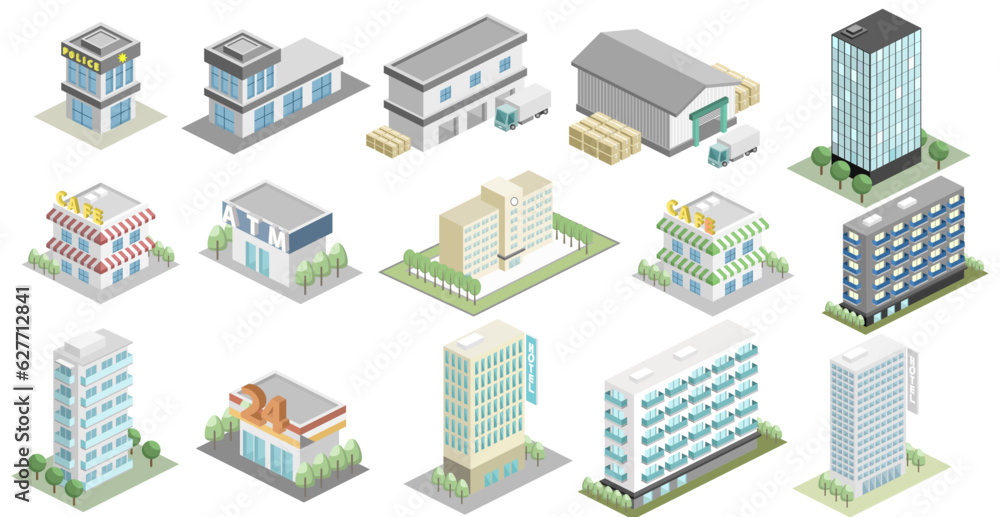 Vector de Stock Isometric 3D buildings color vector icon illustration ...