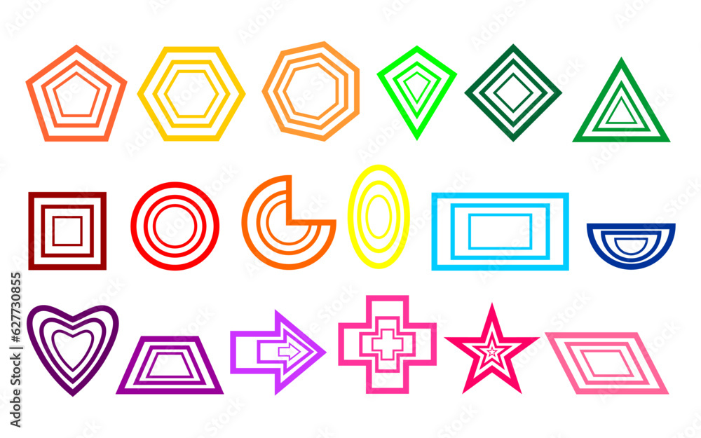 2D basic shapes collection, colorful triple layered outline isolated on ...
