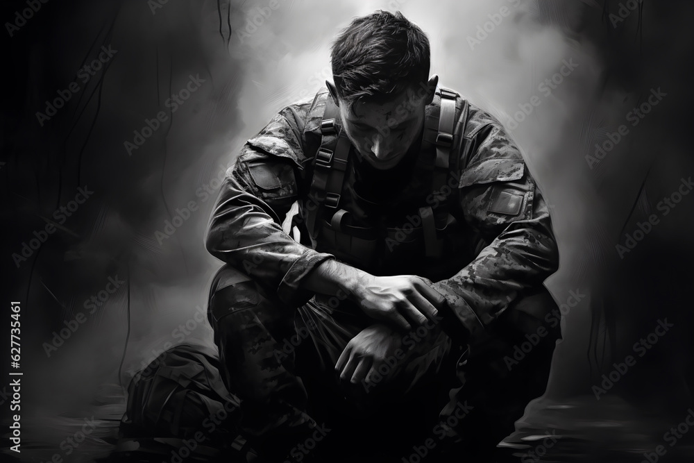 an army person's expression after a war, experiencing the pain of PTSD ...