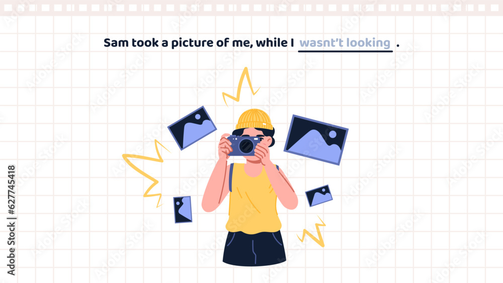 Basic English Grammar. Past continuous tense. Educational banner with ...