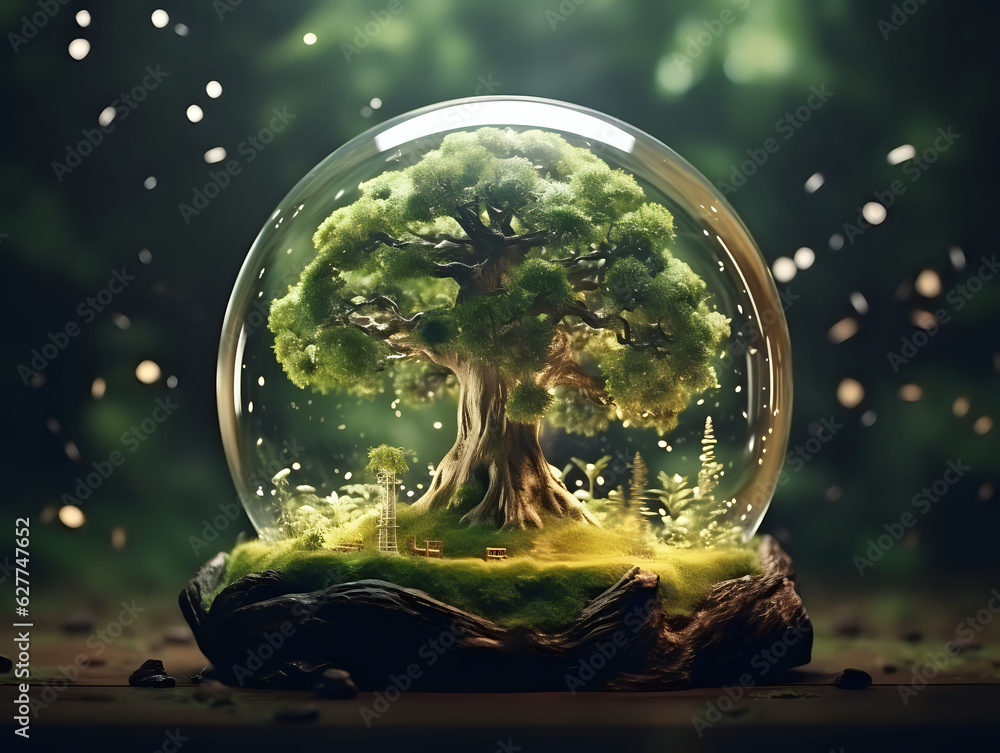 Oak tree growing in a glass orb, forest background, dynamic lights ...