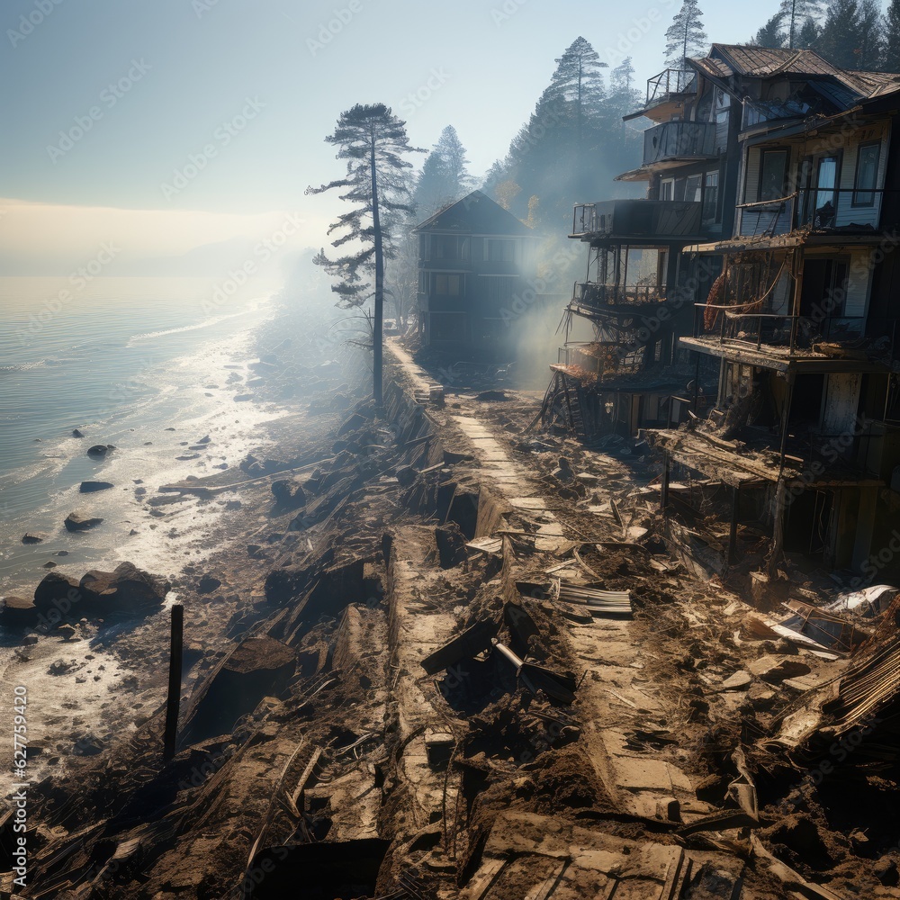 Devastating tsunami, portraying the immense destruction and chaos left ...