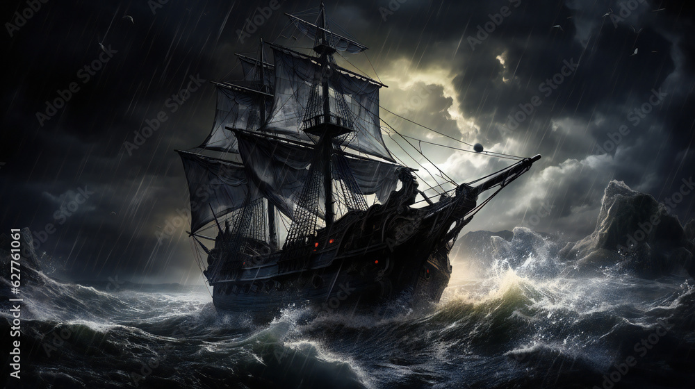 Black pearl pirate ship in thunderstorm at sea Stock Illustration ...