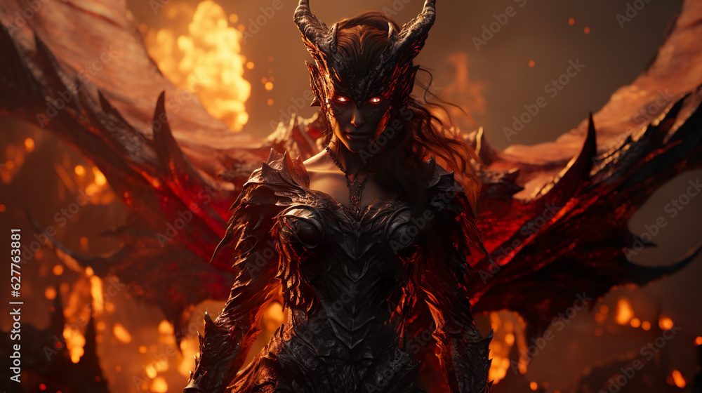 High Fantasy Character: An epic portrait of demonic female winged demon in hell Stock ...