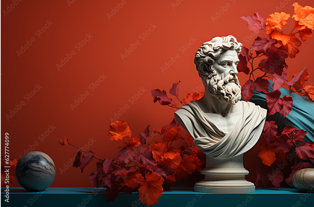 Stoic Greek Philosopher Statue Head and Globe with Autumn Leaves ...
